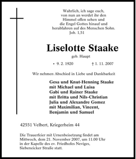 Traueranzeigen Von Liselotte Staake Trauer In NRW De
