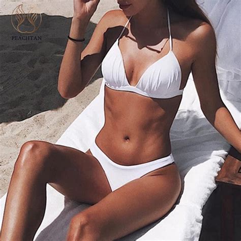 Peachtan Halter Swimsuit Women Sexy White Bikinis 2019 Mujer Push Up