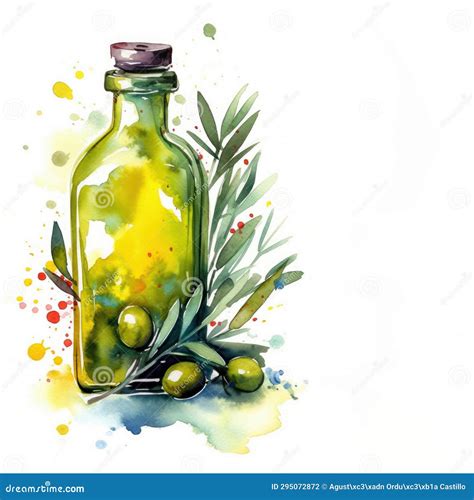 Dibujo Acuarela De Una Botella De Aceite De Oliva Stock de ilustración