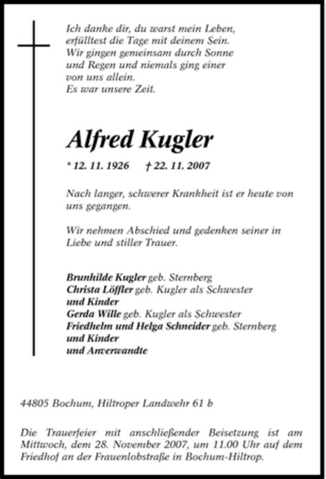 Trauer Und Todesanzeigen Von Alfred Kugler Trauer De