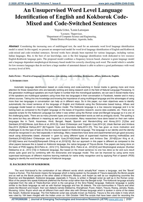 pdf an unsupervised word level language identiﬁcation of english and kokborok code mixed and