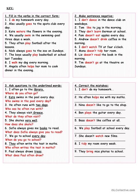 Revision Present Simple Tense English ESL Worksheets Pdf Doc