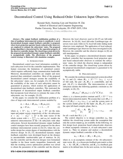pdf decentralized control using reduced order unknown input observers