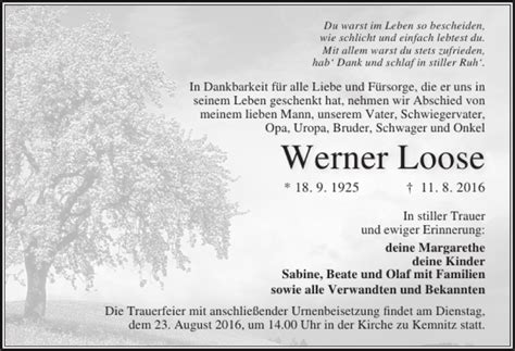 Traueranzeigen Von Werner Loose Trauer Anzeigen De