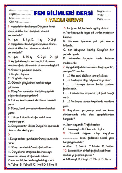 Fen Bilimleri Dersi 1 Dönem 1 Yazılı Sınavı ve Cevap Anahtarı