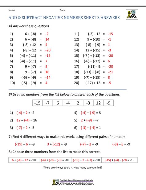 negative numbers worksheet teaching resources adding and subtracting negative numbers