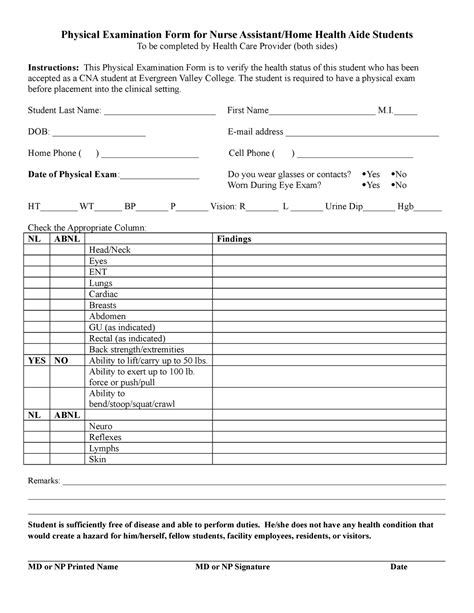Revised CNA Physical Exam Form JA Physical Examination Form For Nurse