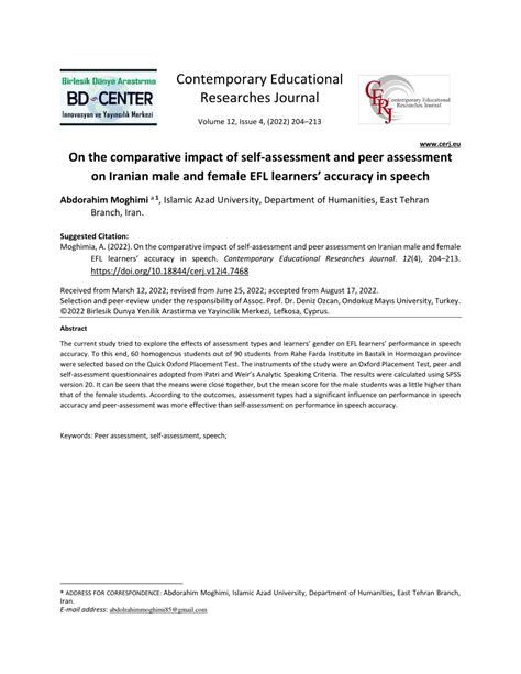 pdf on the comparative impact of self assessment and peer assessment on iranian male and