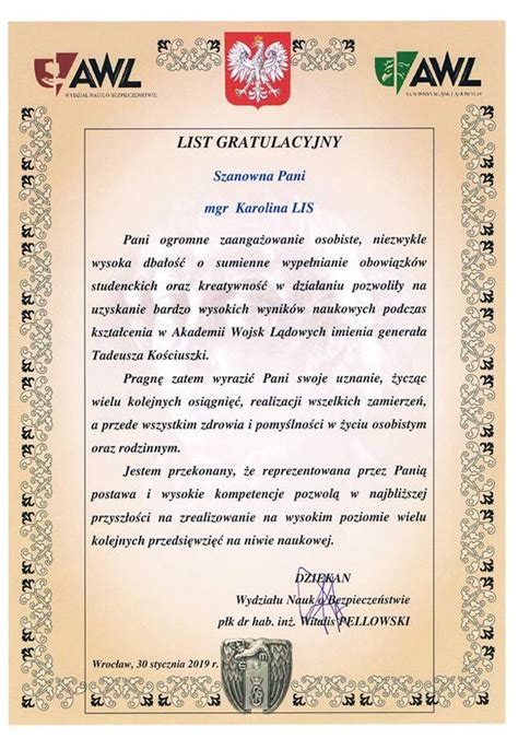 Dyplomy Uznania I Listy Gratulacyjne AWL