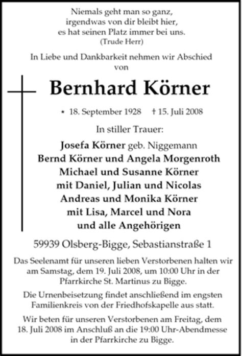 Trauer und Todesanzeigen von Bernhard Körner Trauer de
