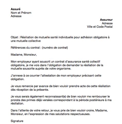 Lettre résiliation mutuelle individuelle pour mutuelle obligatoire
