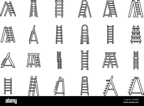 Step Ladder Icons Set Outline Vector Home Metal Stairway Wooden Stock