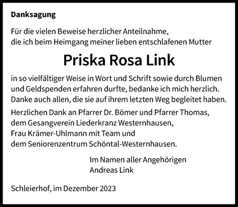 Traueranzeigen Von Priska Rosa Link Trauerundgedenken De