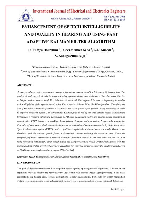 pdf enhancement of speech intelligibility and quality in hearing aid using fast adaptive