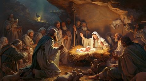Painting Of Nativity Scene With Jesus And Seven People Background