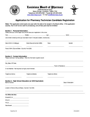 Fillable Online Pharmacy La Application For Pharmacy Technician