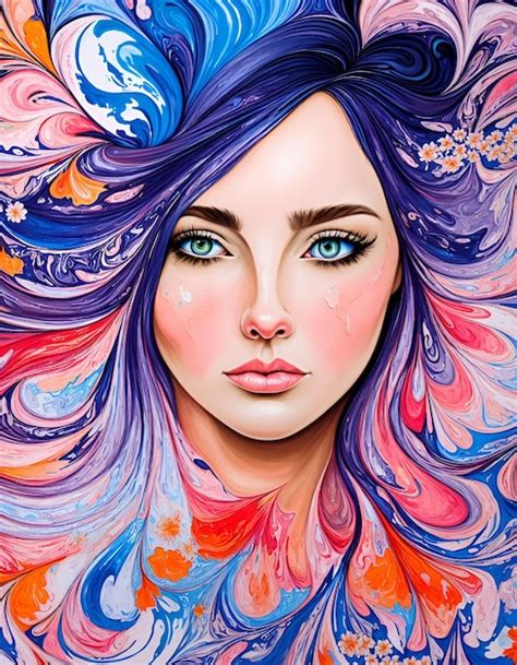 Una pintura de una mujer con cabello azul y cabello de color arcoíris