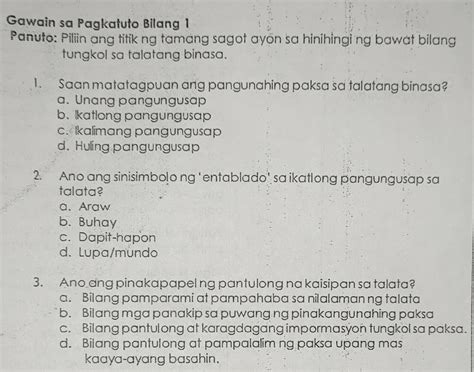 Gawain Sa Pagkatuto Bilang Panuto Piliin Ang Titik Ng Tamang Sagot