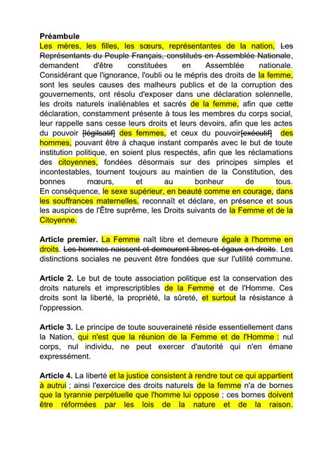 Analyse du préambule 4 articles de la DDFC d Olympe de Gouges