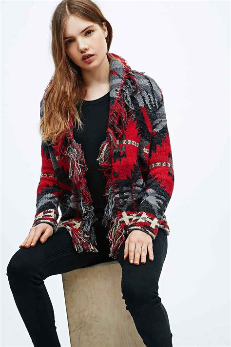 Denim Supply Ralph Lauren Ikat Print Shawl Cardigan In Red Knit
