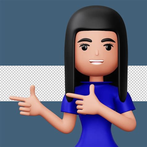 Mulher animada feliz apontando para o lado renderização 3d de