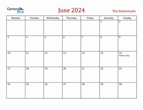 June 2024 The Netherlands Monthly Calendar With Holidays