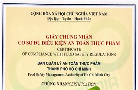 Thủ tục cấp Giấy chứng nhận đủ điều kiện an toàn thực phẩm đối với cơ