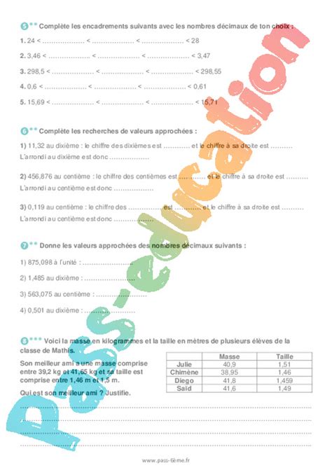 Nombres décimaux Encadrer intercaler et valeurs approchées