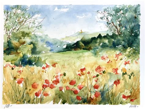 Aquarelle Peinture Originale Champs de coquelicots en été Etsy