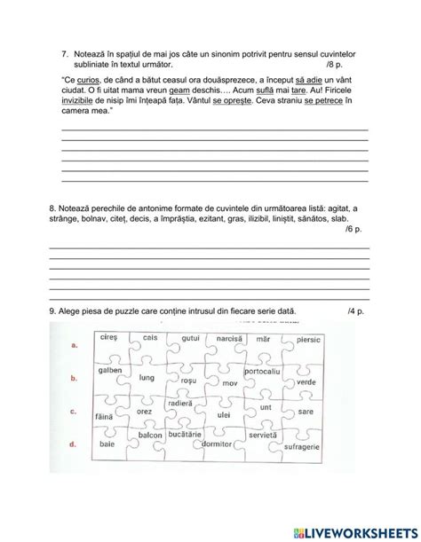 Test la limba română Clasa a V a worksheet School subjects