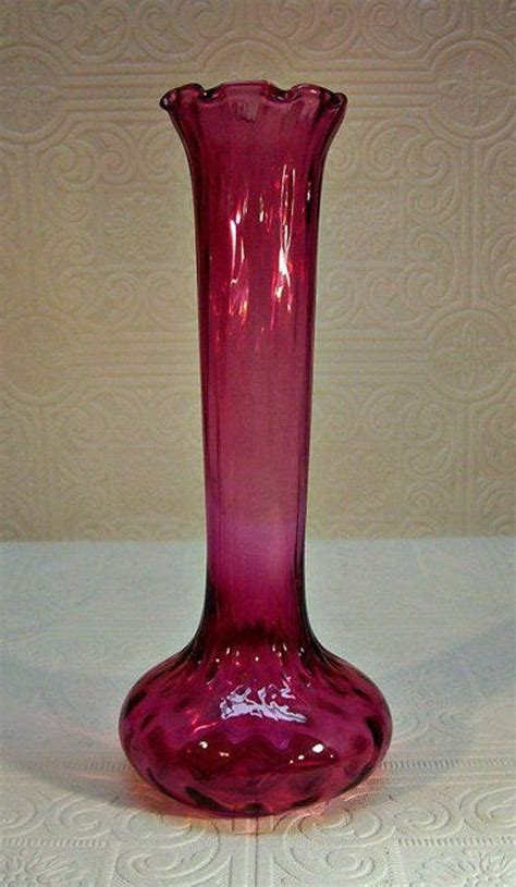 Vintage Pilgrim Cranberry Glass Long Stem Bud Vase Long Neck Scalloped Blown Art Glass Bud