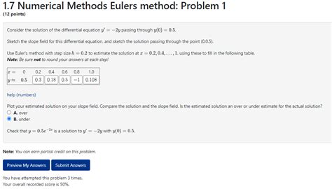 solved 1 7 numerical methods eulers method problem 1 12
