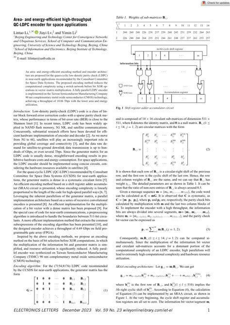 pdf area‐ and energy‐efficient high‐throughput qc‐ldpc encoder for space applications