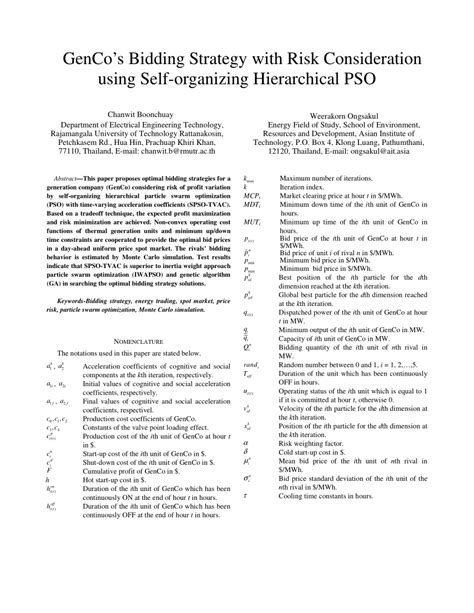 pdf genco s bidding strategy with risk consideration using self organizing hierarchical pso