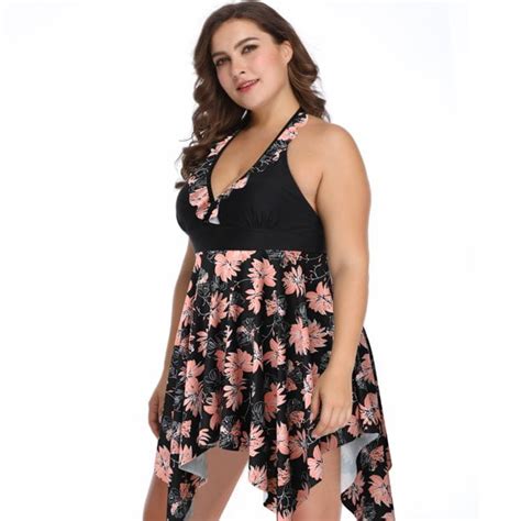 Sexy Dance Women Plus Size Swim Dress Two Piece Floral Swimsuit Tummy Control Ruffles Swimwear