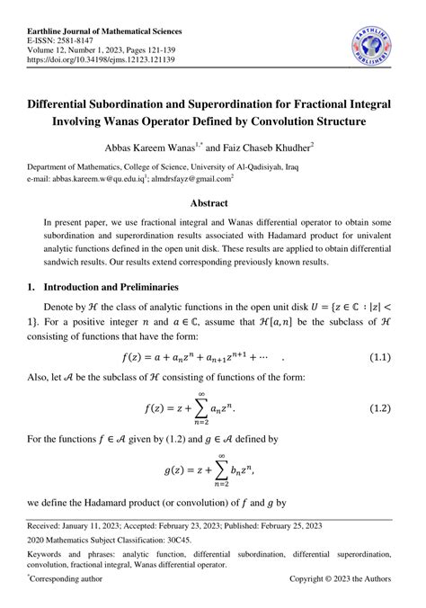 pdf differential subordination and superordination for fractional integral involving wanas