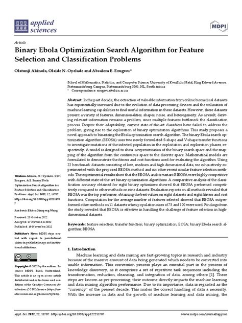 binary ebola optimization search algorithm for feature selection and classification problems pdf