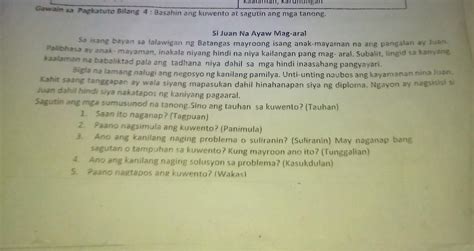 Gawain Sa Pagkatuto Bilang Basahin Ang Kuwento At Sagutin Ang Mga