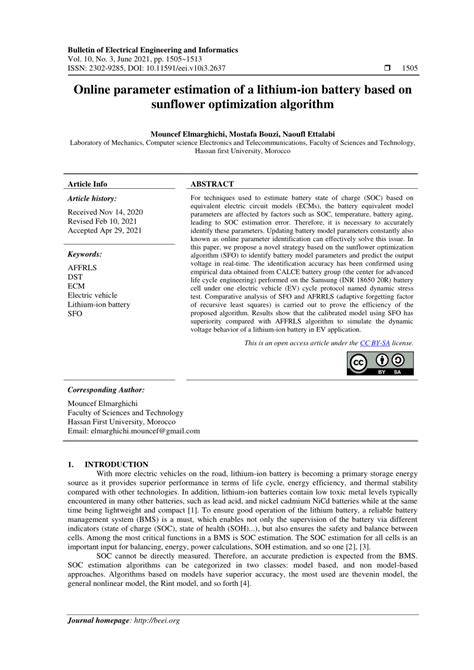pdf online parameter estimation of a lithium ion battery based on sunflower optimization algorithm