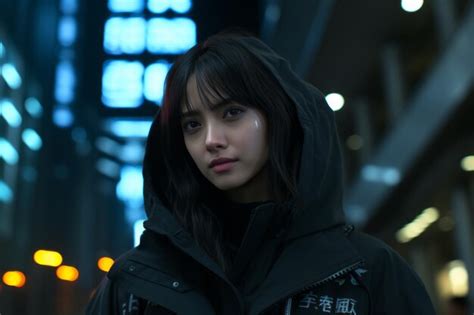 Premium AI Image An Asian Woman In A Black Jacket Standing In The