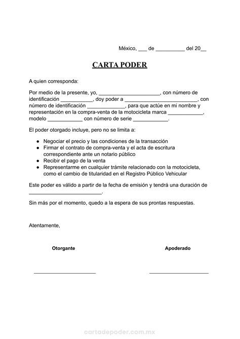ᐅ Carta Poder de Compra Venta de Motocicleta 2024