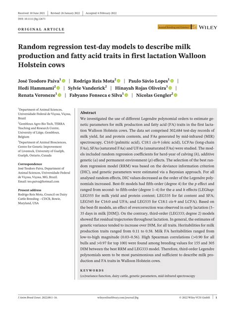 pdf random regression test‐day models to describe milk production and fatty acid traits in