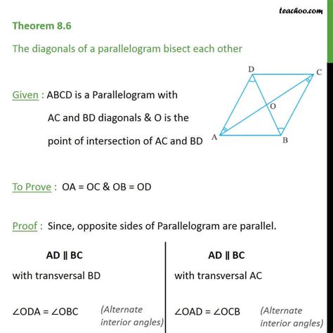 theorem 8 6 class 9 diagonals of a parallelogram bisect each other