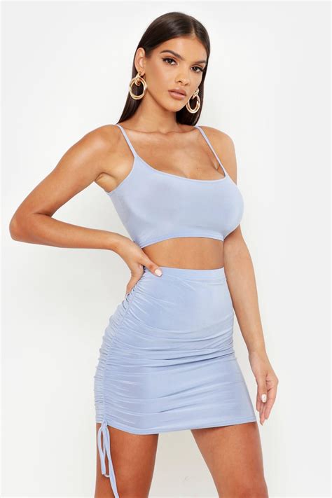 Slinky Camisole And Ruche Mini Skirt Two Piece Boohoo Mini Skirts