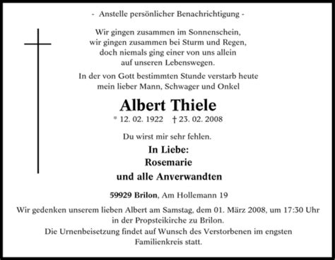 Traueranzeigen Von Albert Thiele Trauer In NRW De