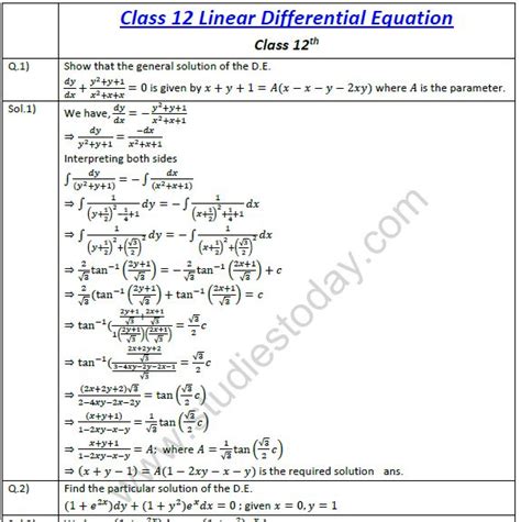 Cbse Class Mathematics Linear Differential Equations Worksheet Set E