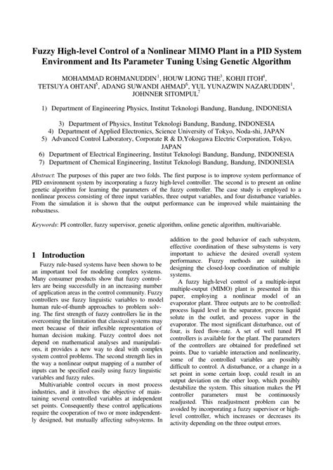 pdf fuzzy high level control of a nonlinear mimo plant in a pid system environment and its