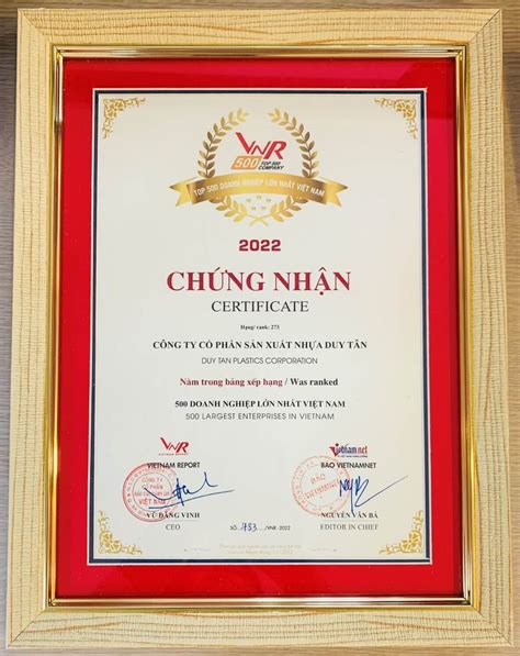 Duy Tân nhận giải Top 500 doanh nghiệp lớn nhất Việt Nam 2022 Tạp chí