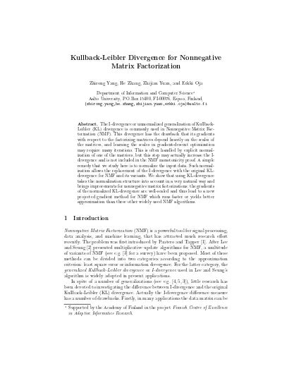 kullback leibler divergence for nonnegative matrix factorization