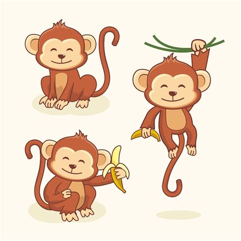 Conjunto De Animais De Macaco Bonito Dos Desenhos Animados Vetor Premium